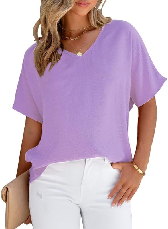 Allimy Women Summer Casual V Neck Textured Blouses Loose Short Sleeve ...