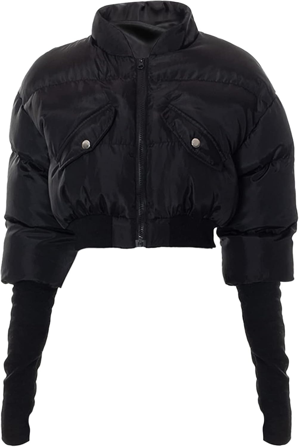 Flygo Womens Cropped Puffer Jacket Long Sleeve Thumbhole Padded Bubble ...