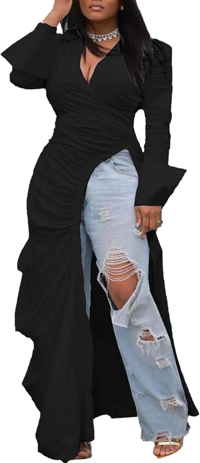 Amazon.com: Women's Casual Long Sleeve Ruched Bodycon Shirt Dress High ...