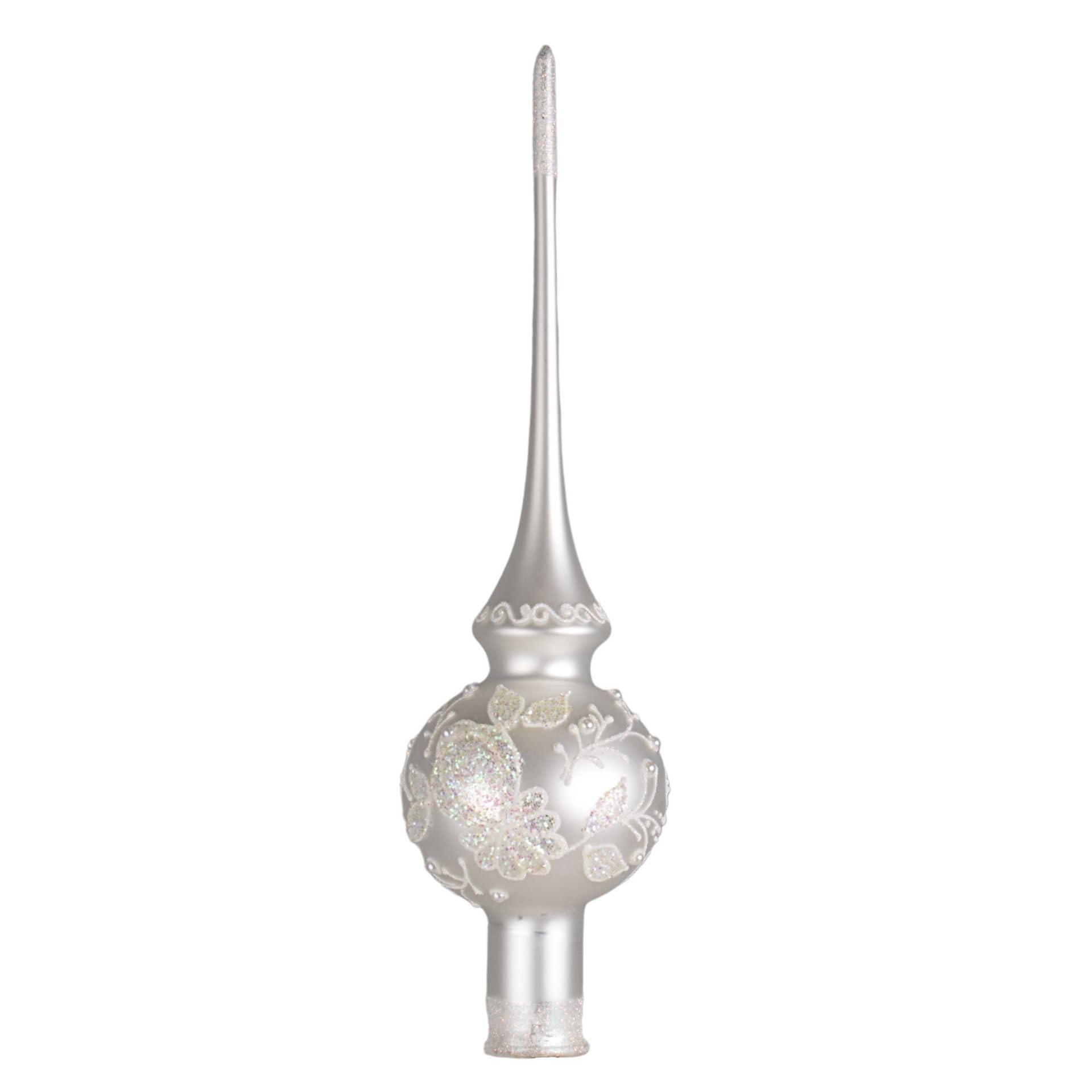 Silver White Hand Blown Glass Christmas Tree Topper. Made in Ukraine.