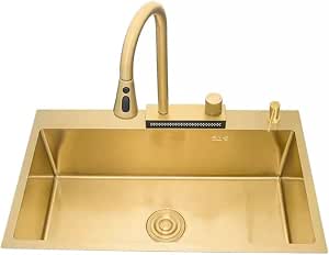 Amazon.com: Stainless Steel Kitchen Sink Gold Waterfall Single Bowl ...