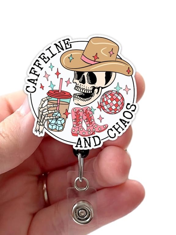 Amazon.com: Caffeine and Chaos Skull, Acrylic, Skeleton Badge, Coffee ...