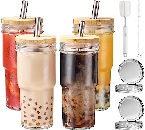 Amazon.com: ASANMEYO 4 Pcs 24 oz Glass Cups With Bamboo Lids and Straws ...