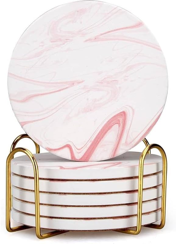 6 Pieces Cute Pink Marble Coasters for Drinks, Absorbent Ceramic Cup ...