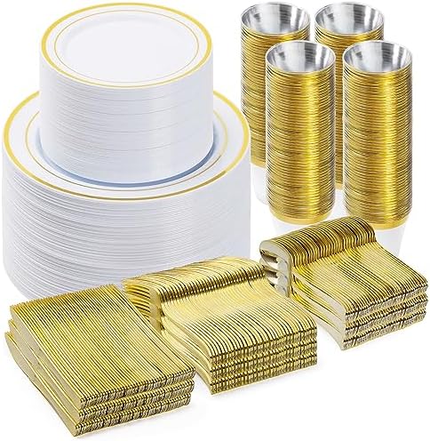Amazon.com: 600pcs Plastic Dinnerware Set 100 Guest, Gold Plastic ...