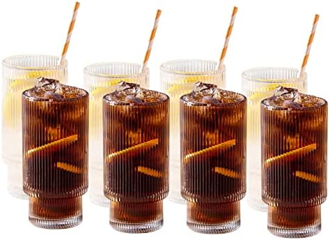 Amazon.com | Dingerjar Stackable Ribbed Glass Cup Set of 6 12oz ...