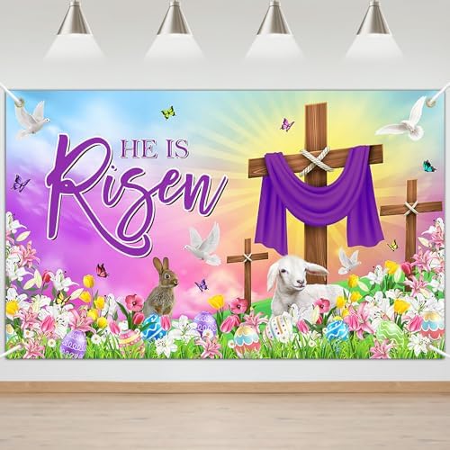 Amazon.com : Mocsicka Easter Decorations He is Risen Backdrop ...