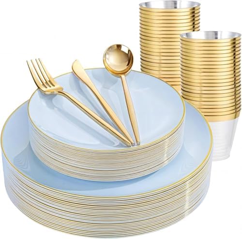 Amazon.com: bUCLA 150PCS Blue Plastic Plates - Light Blue and Gold ...