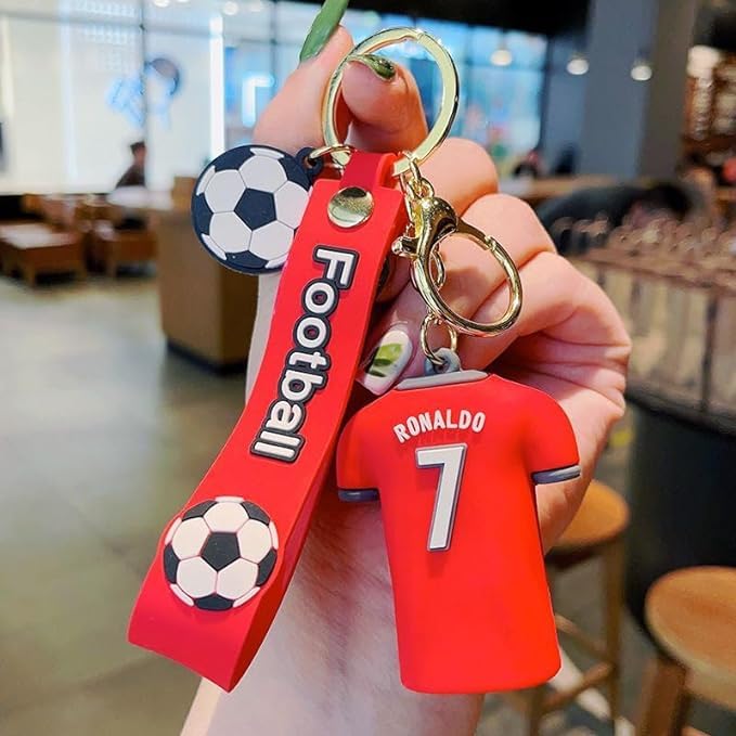Blue Aura CR7 Ronaldo 3D Rubber Keychain with Long Ribbon | Red Jersey ...