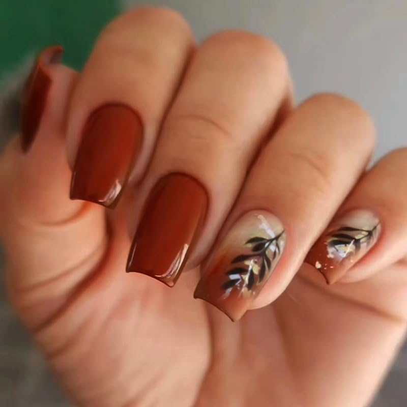 Amazon.com: Fall Press on Nails Square Shaped Fake Nails Red Brown ...