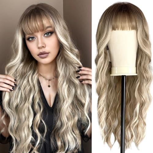 Amazon.com : Dirty Blonde Wig With Bangs Long Wavy Curly Ombre Blonde ...