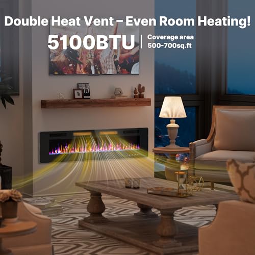 60" Ultra Thin Electric Fireplace Recessed Wall Mounted & Freestanding ...