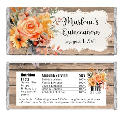 Amazon.com: Orange Rustic Floral Personalized Candy Wrappers, Birthday ...