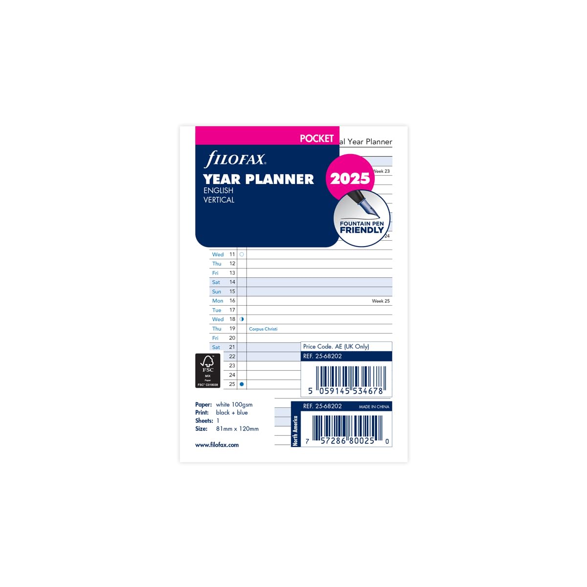 FILOFAX Calendar Insert Pocket Year Planner Vertical (E)2025 : Amazon ...