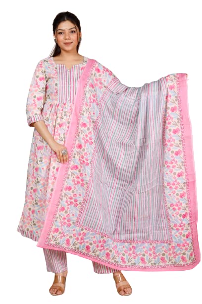 Buy Angiya Women's Cotton Pink Floral Printed Straight Gota Patti Kurta ...