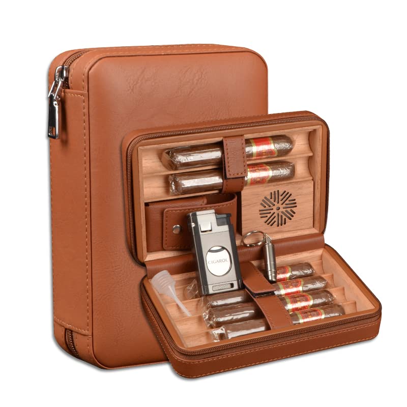 6-Finger Cigar Travel Humidor Cigar Case with Triple Flame Cigar ...