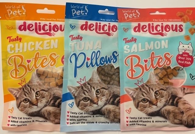 Delicious Cat Treats Variety Pack (3 x 80g Packets) - Chicken/Salmon ...