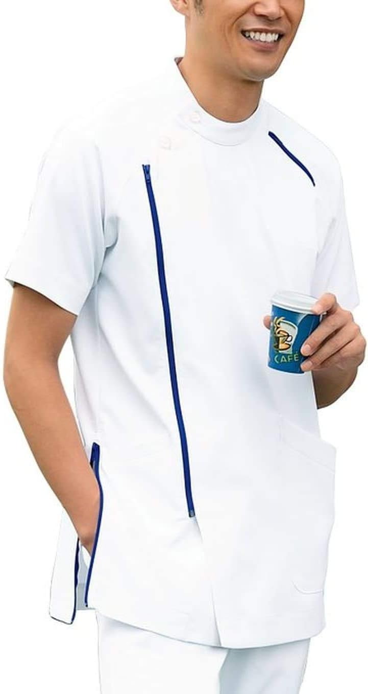 Amazon | スクラブ 白衣 男性用 カゼン(KAZEN) CIS300 メンズジャケット半袖 4L C/28：ホワイト×ネイビー ...