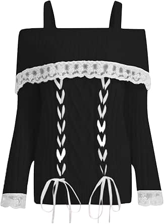Women Off Shoulder Sweater Top Y2K Aesthetic Long Sleeve Lace Trim Knit ...