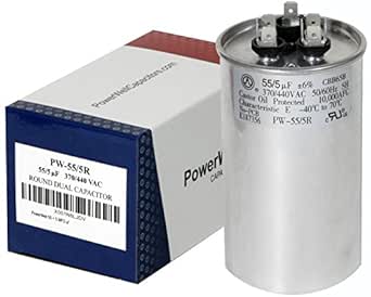 PowerWell 55 + 5 MFD uf Micro Farad 370 or 440 Volt Dual Run Round Capacitor PW-55/5/R for ...