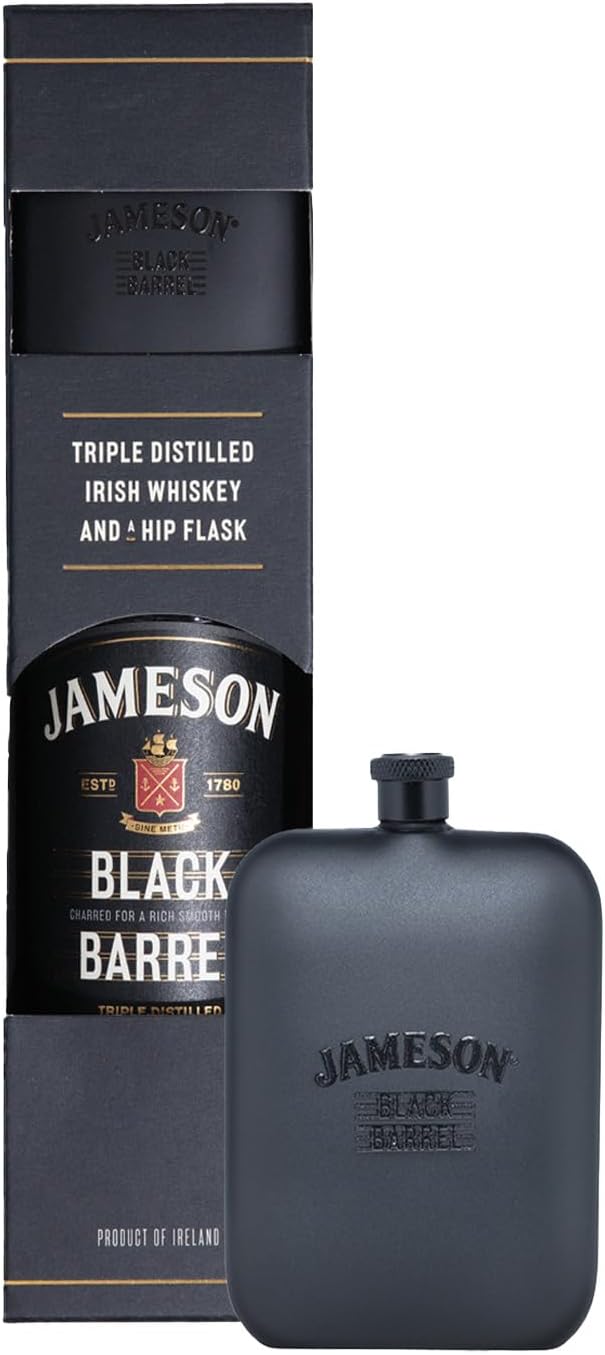 Jameson Black Barrel Blended Irish Whiskey Flask Gift Set, 70cl ...