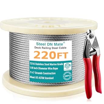 Steel DN Mate 220 Ft T316 Stainless Steel 1/8” Aircraft Wire Rope for Cable Railing System, 1800 ...