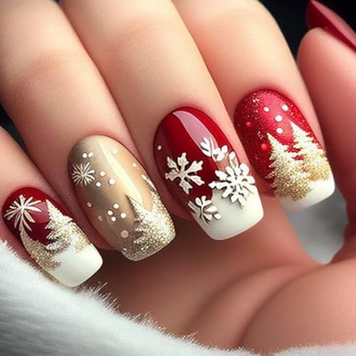 Amazon.com: Christmas Nails Press on Nails Short Square Fake Nails ...