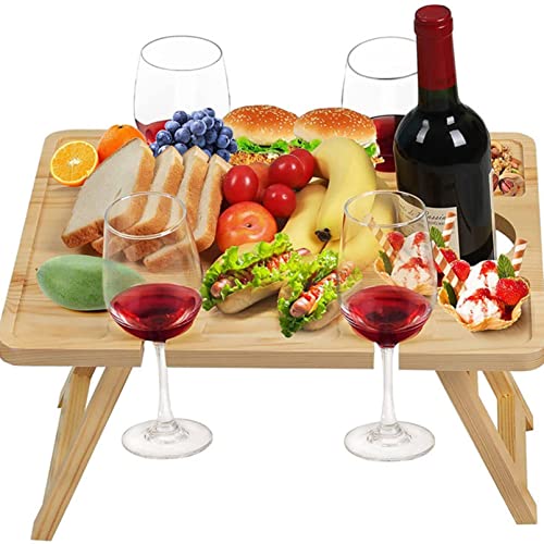 Folding Picnic Table Wooden Portable Snack Table Table with Wine Glass ...