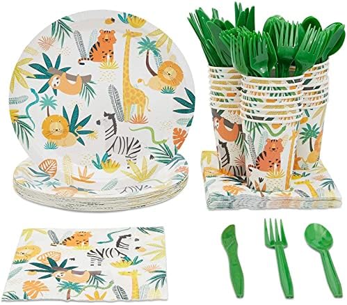 Amazon.com: 96 Pcs Jungle Zoo theme Tableware Set Green Animals Theme ...