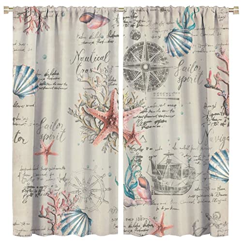 Vintage Nautical Coastal Rod Pocket Curtains