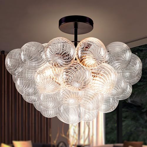 BeyPan Hand Blown Glass Bubble Ball Chandelier Black Finish 20" Semi ...