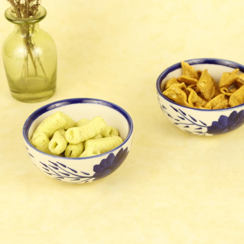 Buy Green Route Indigo Floral Ceramic Bowl – 200 ML Handmade Dip ...