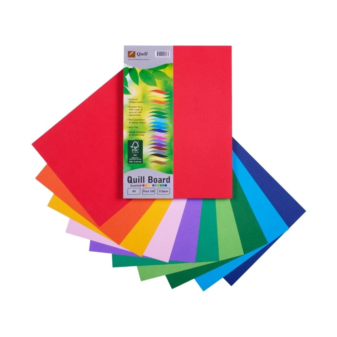 Quill A4 Coloured Board, 210gsm, 100 Sheets, Assorted 10 Colours, Ideal ...