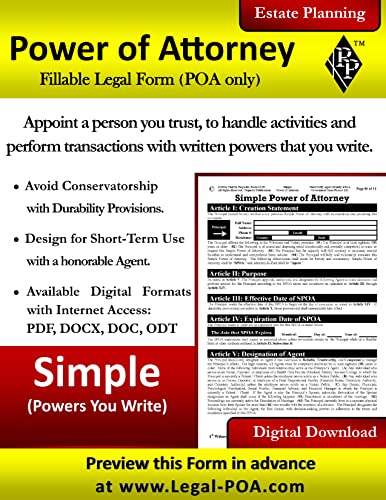 Simple Power of Attorney: Fillable Legal Form ( POA Only ) (Estate ...