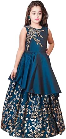 Amazon.com: Mirraw Kids, Golden Foil Satin, Blue Readymade Gown Dress ...