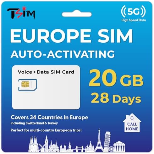 TSIM Europe Prepaid SIM Card 28 Day with Callhome | 20GB 5G/4G Speed Data | Unlimited Local ...