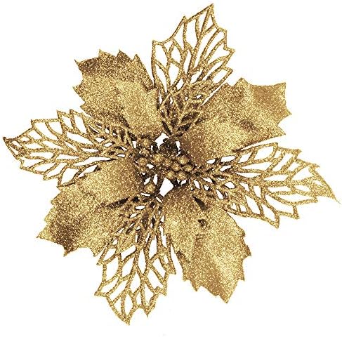 Amazon.com: Ansho Pack of 6 Glitter Poinsettia Flower Large Artificial ...