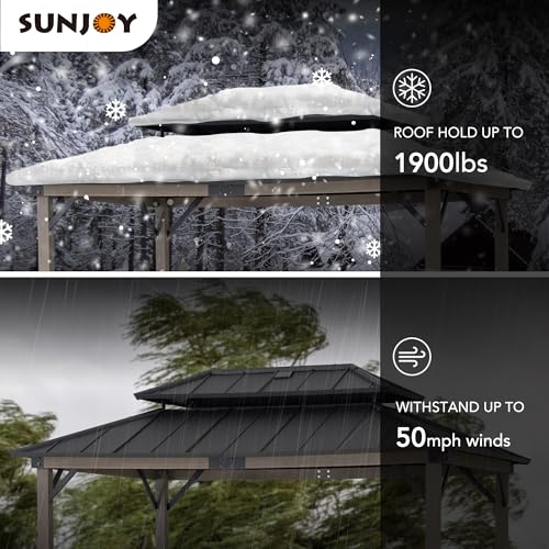 Sunjoy Wooden Grill Gazebo, 8 x 12 ft. Steel Hardtop Gazebo with Solar ...