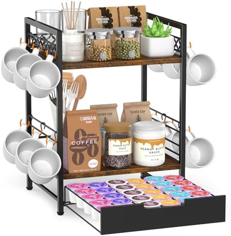 Amazon.com - 2 Tier Coffee Bar Organizer, Wood Coffee Bar Accessories ...