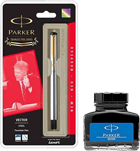 Parker Vector Stainless Steel (Gold Nib) GT Fountain Pen + 1 Blue Ink ...