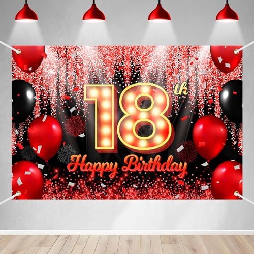 Amazon.com : Happy 18th Birthday Backdrop Banner Black and Red Theme ...