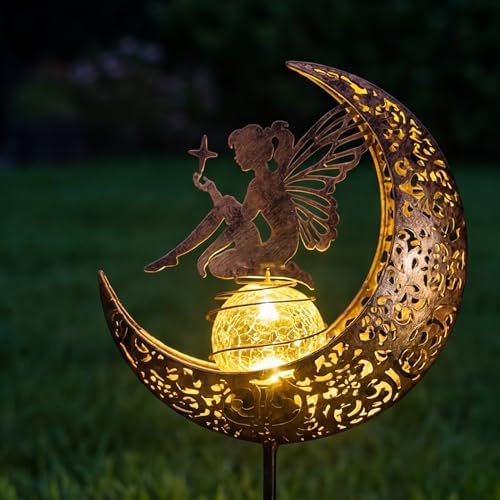 MEBRUDY Fairy Solar Garden Outdoor Decor, Moon Figurine Light Stake ...