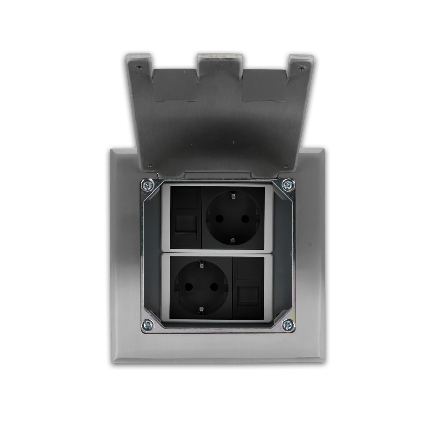 Luxus-Time Edelstahl Bodentank mit 2 VDE Schuko Steckdosen + 2 Netzwerk LAN Dosen, Einbaufertig ...