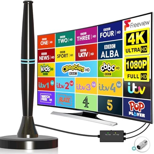 AXFEE High Gain TV Aerial, DVB-T2 DTMB Portable Indoor/Outdoor TV Aerial Signal Booster with ...