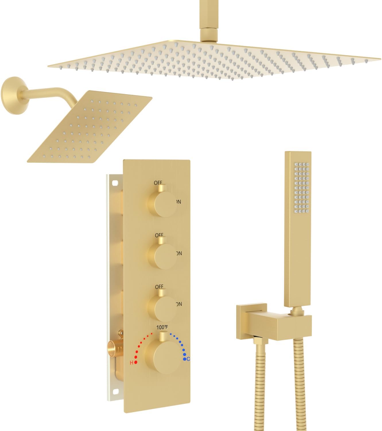Enga Thermostatic Dual Head Shower System - 16"+6" Ceiling & Wall Mount ...