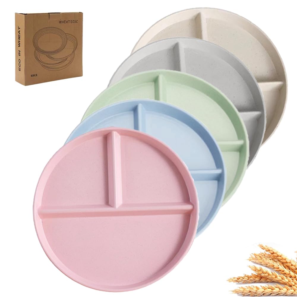 Amazon.com | PUPOPIK 9" Unbreakable Divided Plates Set of 5, Wheat ...