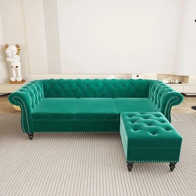 WESTERN WOOD ART Wooden 3 Seater Chesterfield Sofa with Chaise Lounge ...