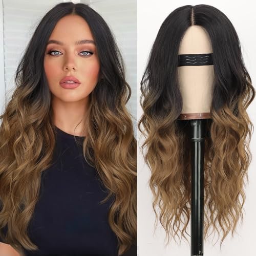 Amazon.com : Nnzes Long Brown Wavy Wig Middle Part Curly Wigs Lace ...