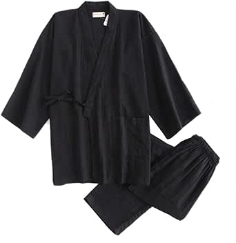 thefancypumpkin Men's Japanese Style Double Gauze Cotton Kimono Pajamas Suit Dressing Gown Set ...