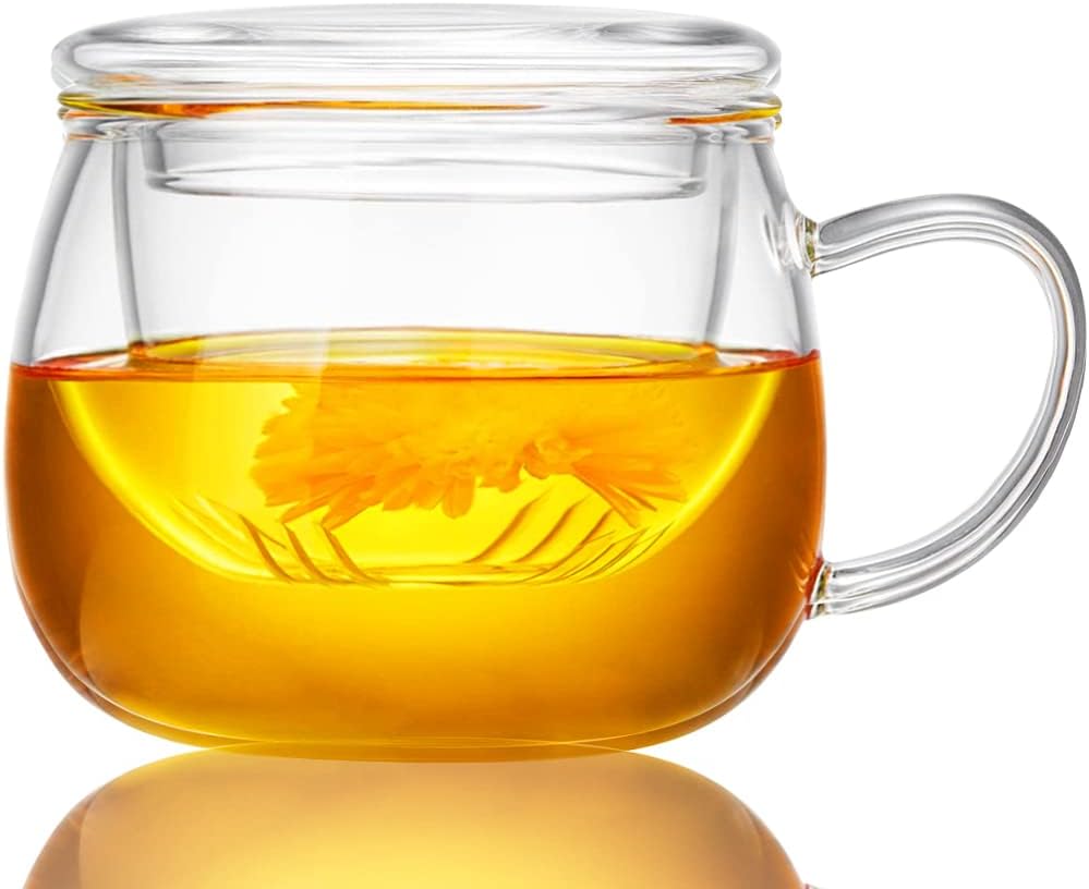 WHJY Glass Tea Cup with Infuser and Lid, 12 oz Clear Glass Teacup with ...